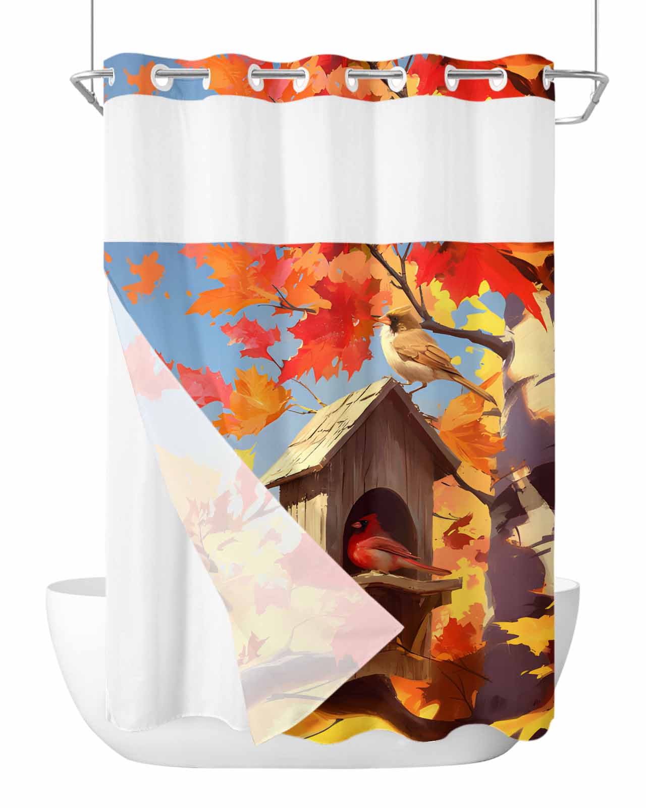 No Hook Shower Curtain and Snap in Liner Set,Orange Red Fall Fabric ...