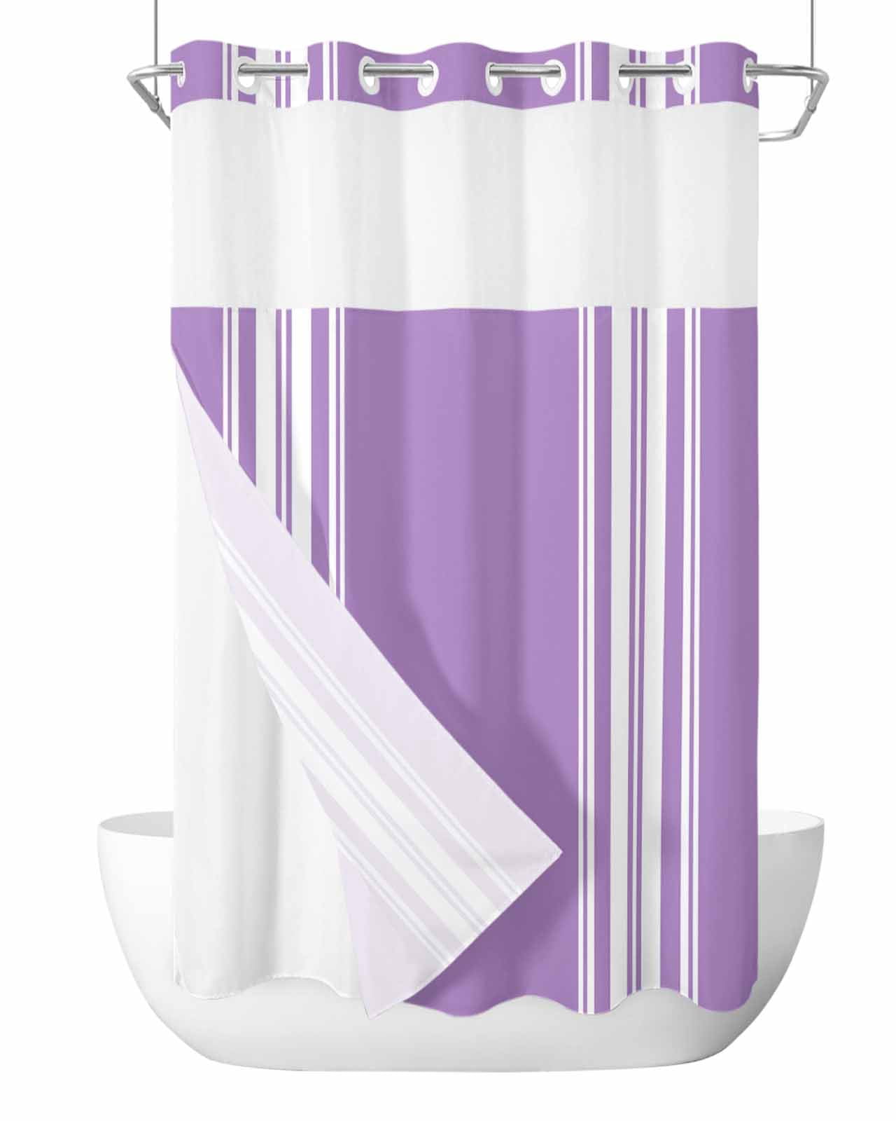 No Hook Shower Curtain and Snap in Liner Set,Purple White Striped ...