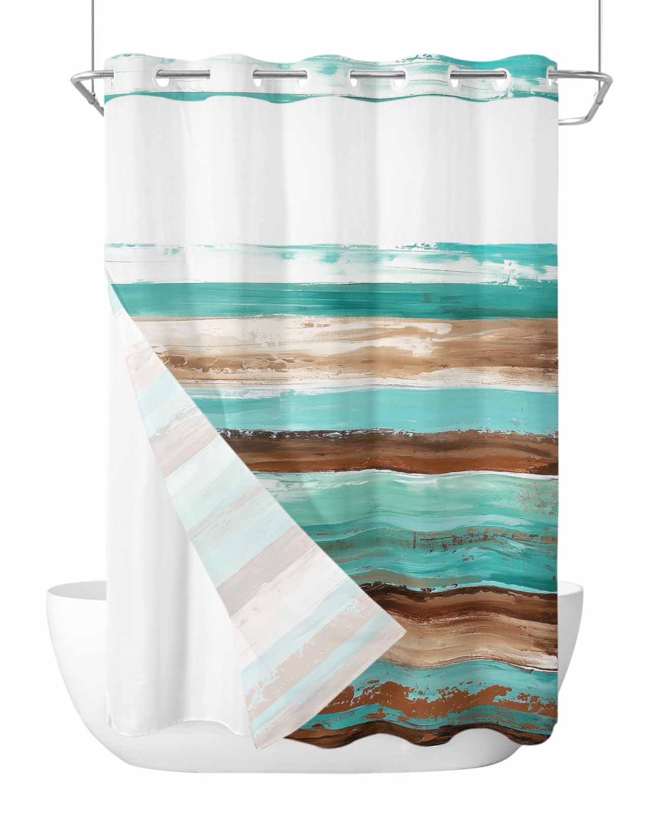 No Hook Shower Curtain and Snap in Liner Set, Turquoise Brown Fabric Bathroom Shower Curtains ...