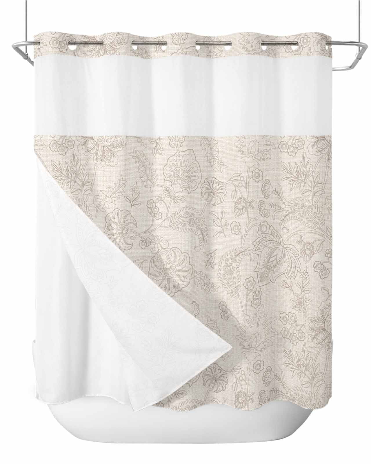 No Hook Shower Curtain and Snap in Liner Set, Vintage Beige Floral ...