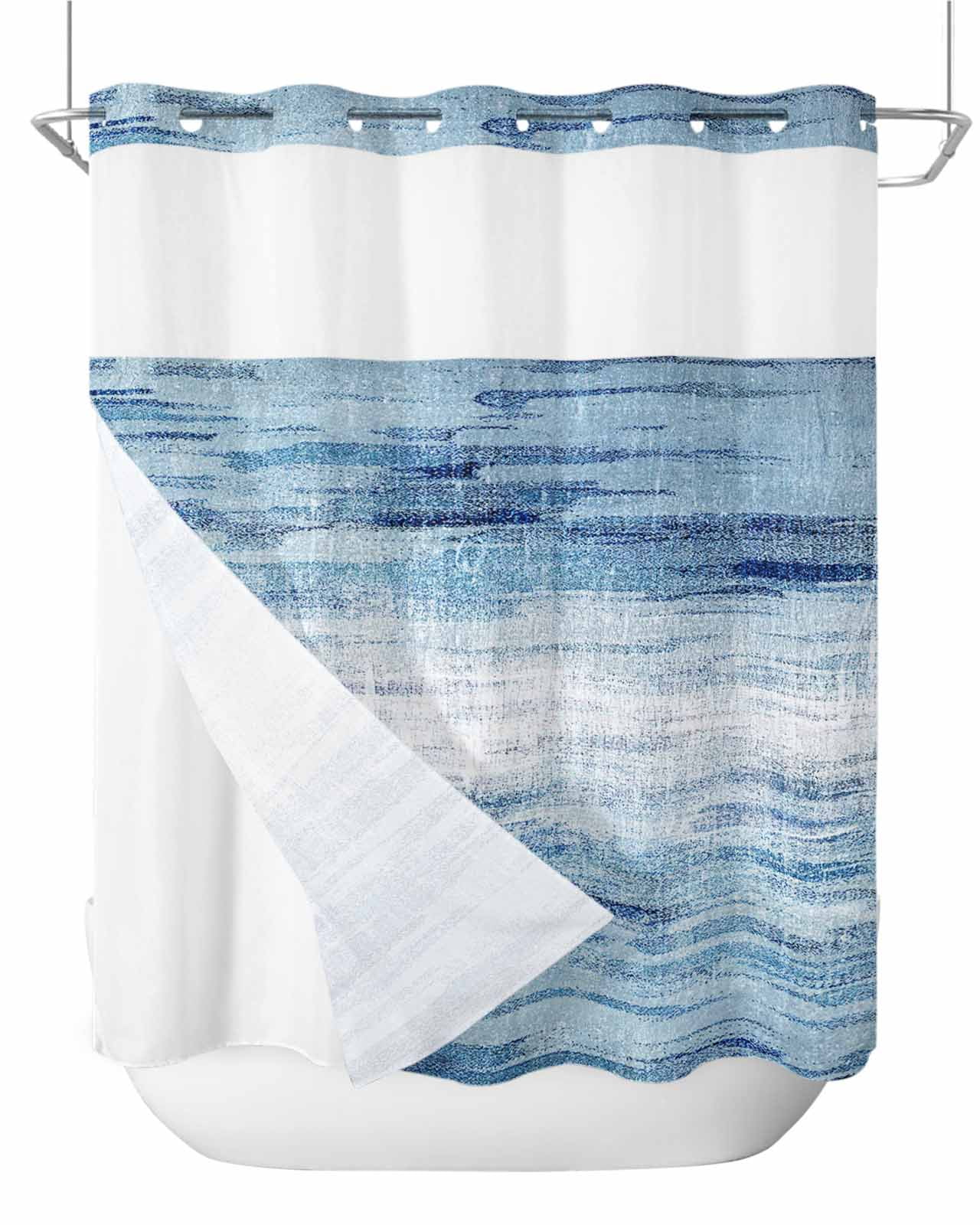 No Hook Shower Curtain and Snap in Liner Set, Vintage Blue Fabric Bathroom Shower Curtains 72x72 ...