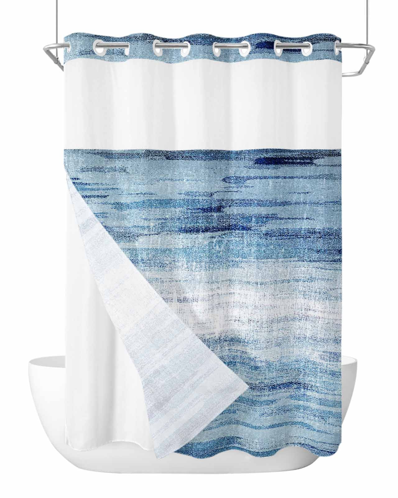 No Hook Shower Curtain and Snap in Liner Set, Vintage Blue Fabric Bathroom Stall Shower Curtains ...