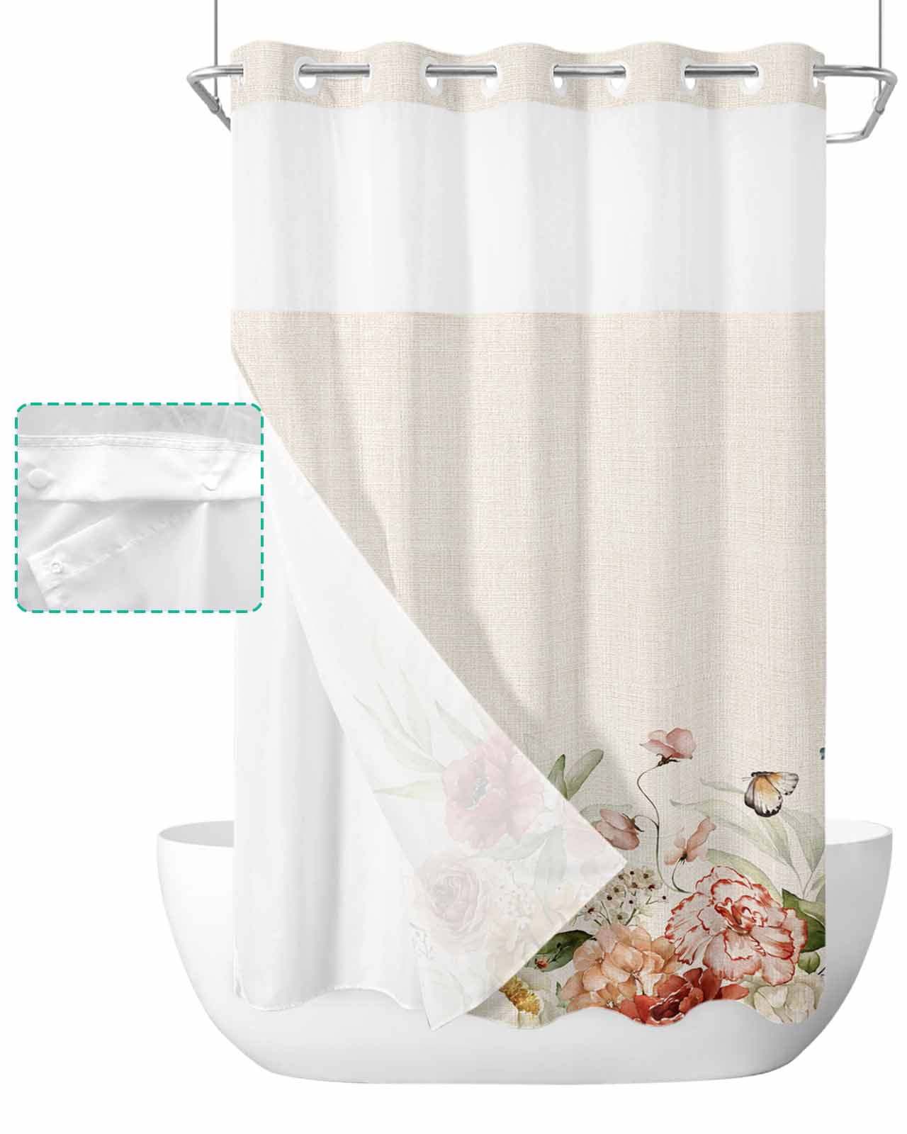 No Hook Shower Curtain with Snap in Liner, Spring Rose Flowers ...