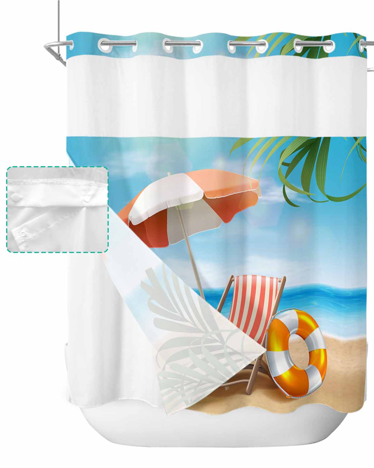 No Hook Shower Curtain with Snap in Liner, Summer Beach Deck Chairs ...
