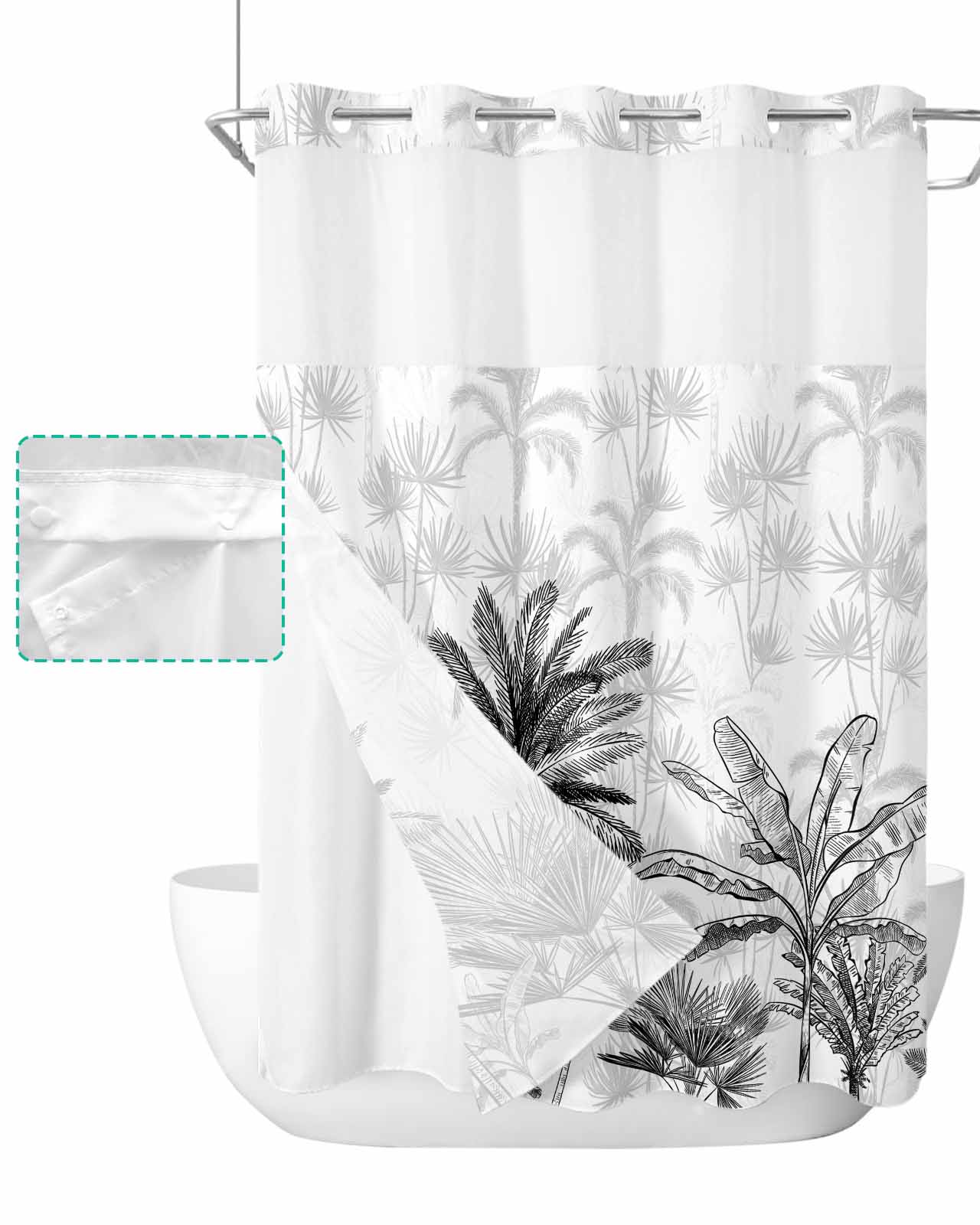No Hook Shower Curtain with Snap in Liner, Summer Black Palm Banana ...
