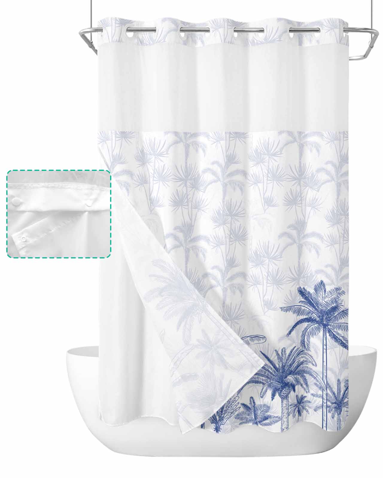 No Hook Shower Curtain with Snap in Liner, Summer Blue Palm Banana ...