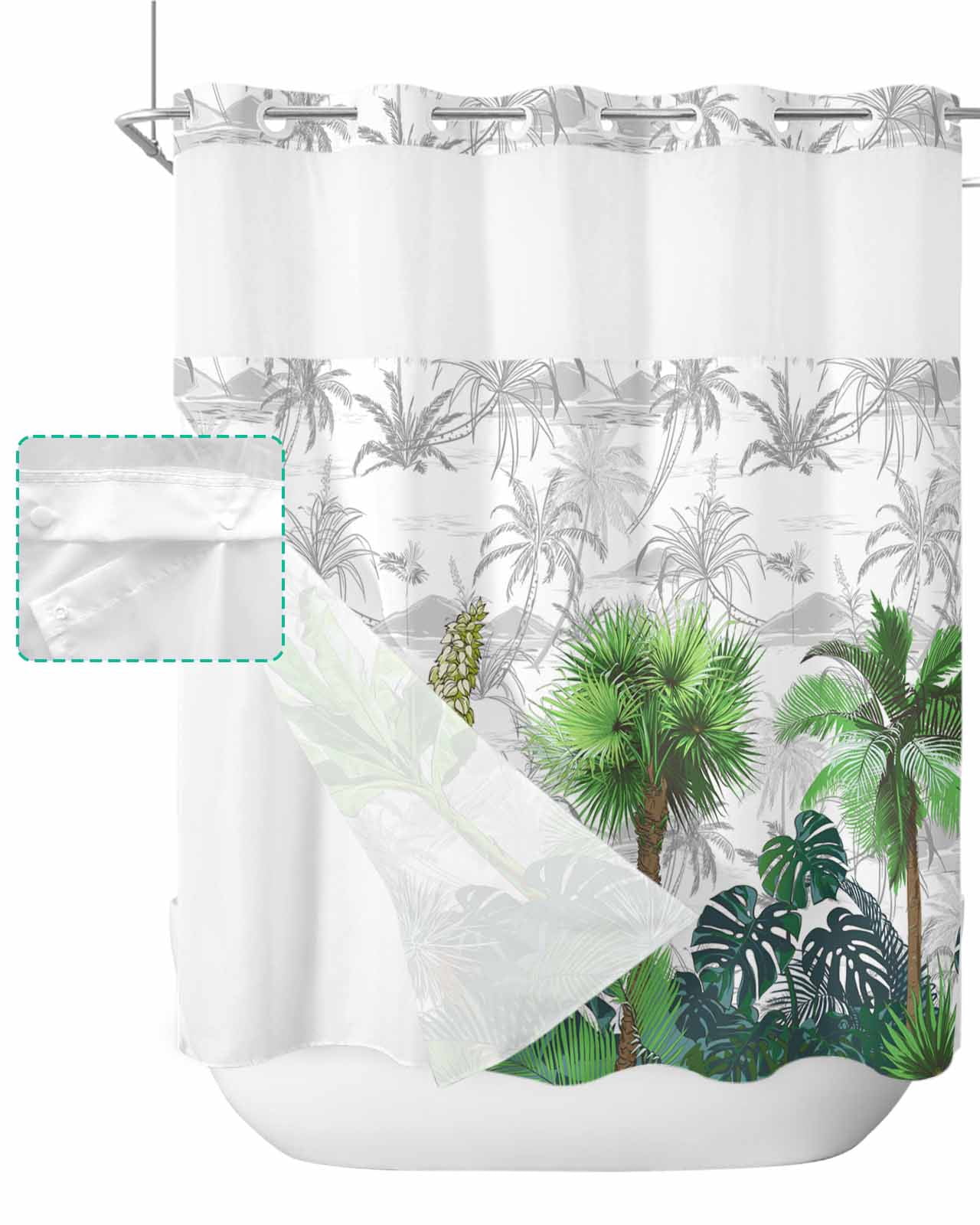 No Hook Shower Curtain with Snap in Liner, Summer Green and Grey Palm ...