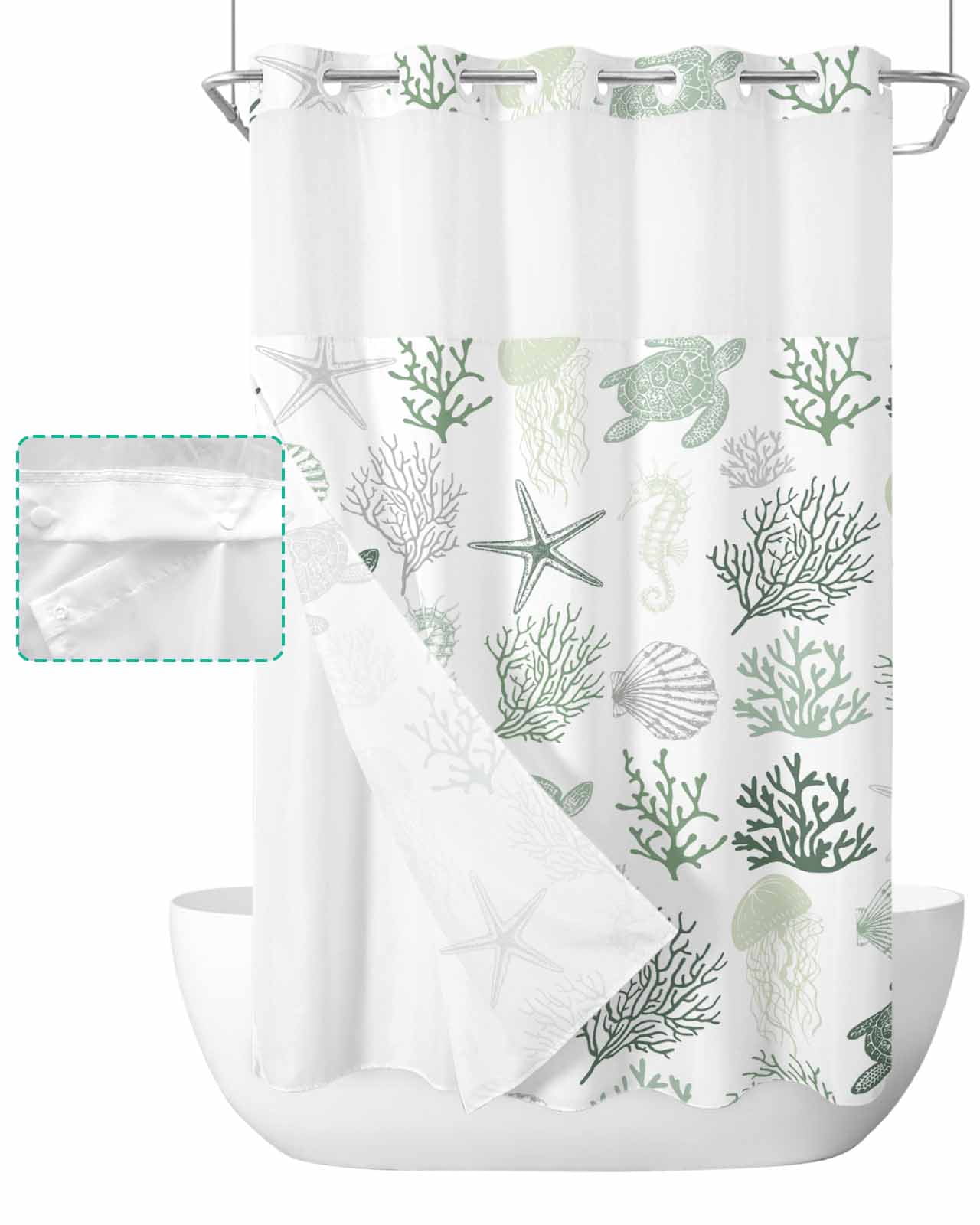 No Hook Shower Curtain with Snap in Liner, Summer Ocean Creature Sea ...