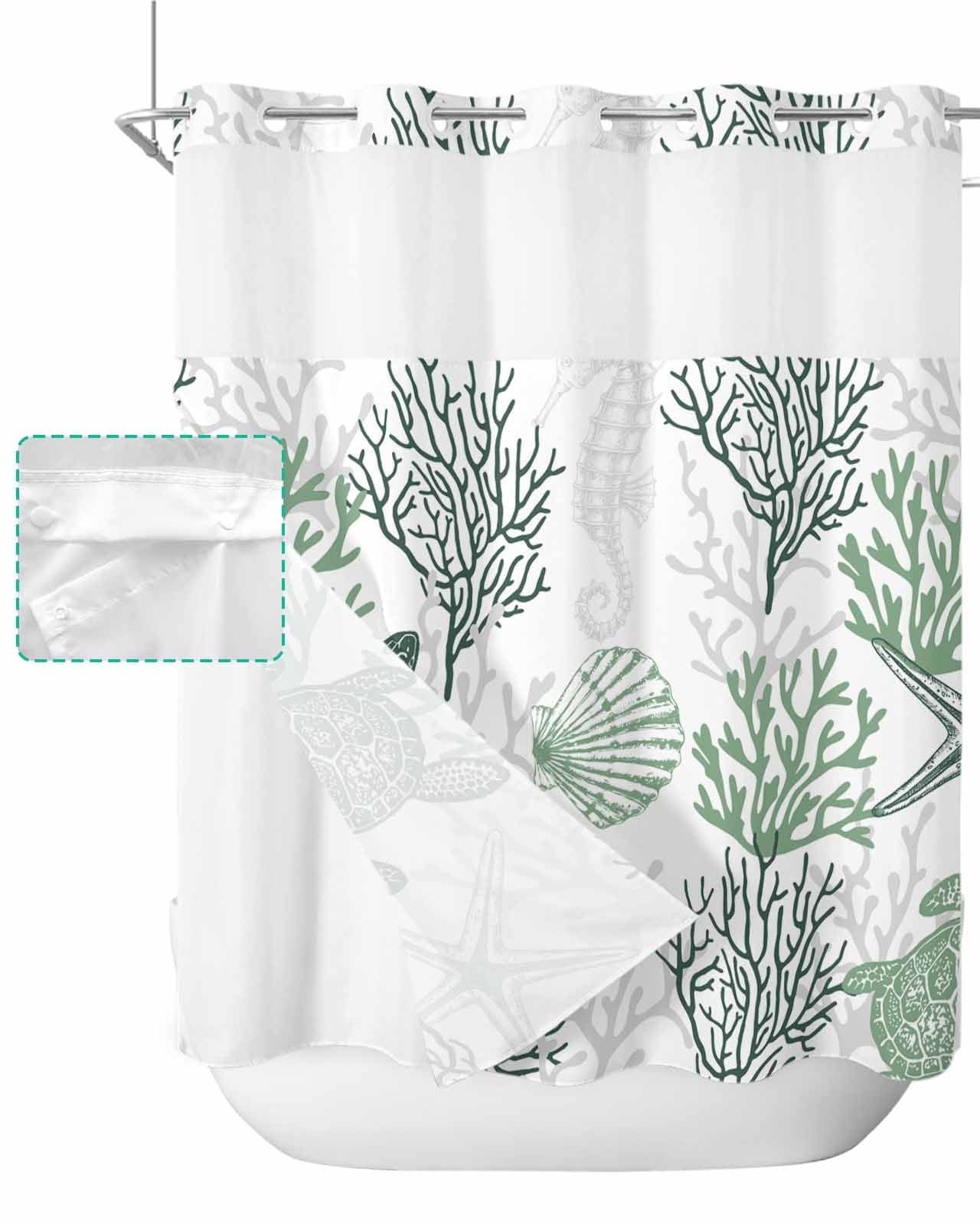 No Hook Shower Curtain with Snap in Liner, Summer Ocean Sage Green ...