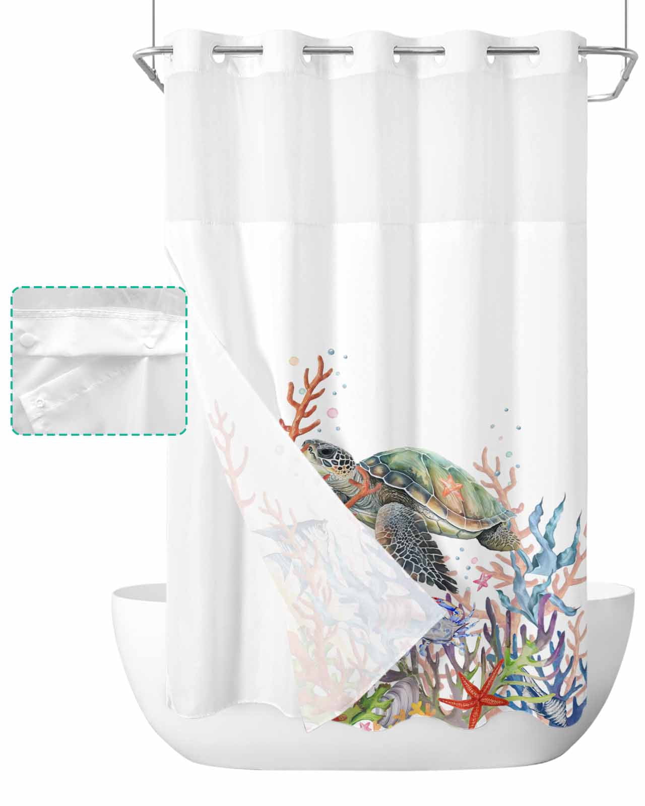 No Hook Shower Curtain with Snap in Liner, Summer Ocean Sea Turtle with ...