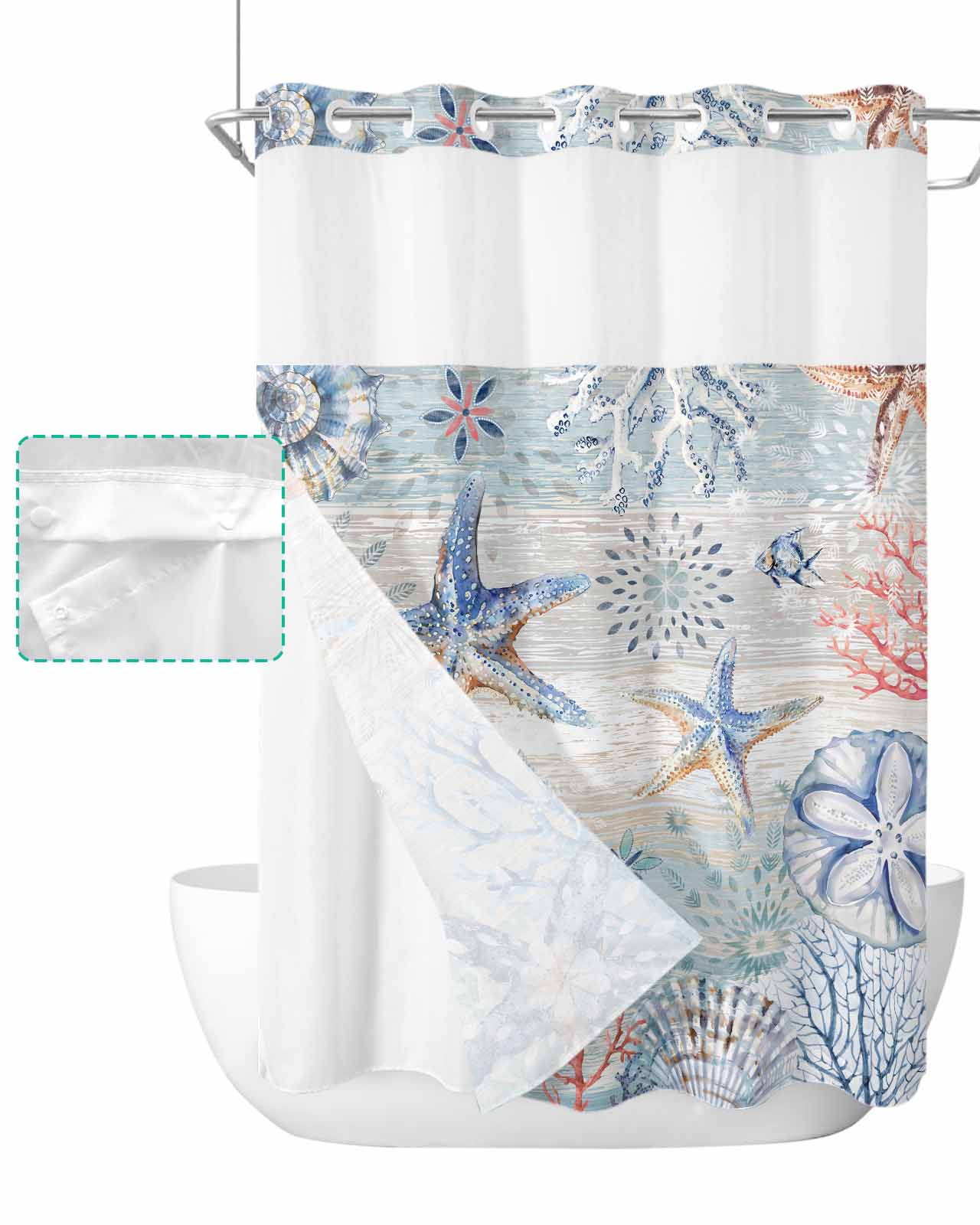 No Hook Shower Curtain with Snap in Liner, Summer Ocean Seashell ...