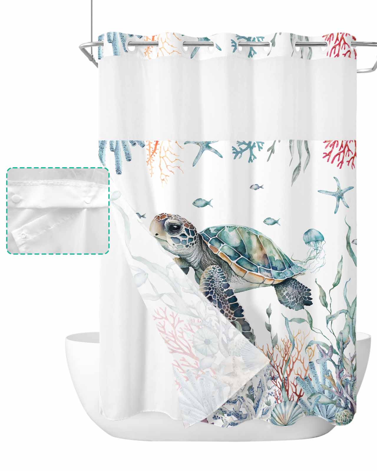 No Hook Shower Curtain with Snap in Liner, Summer Sea Turtle Ocean ...
