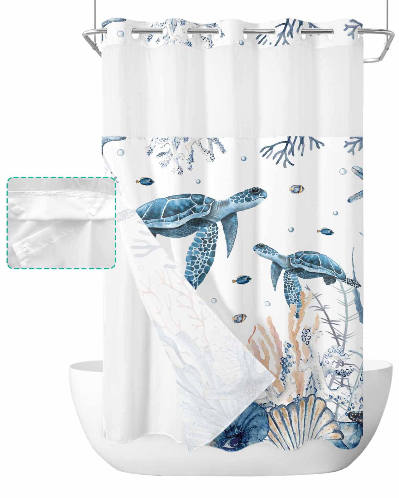 No Hook Shower Curtain with Snap in Liner, Summer Sea Turtle Ocean ...