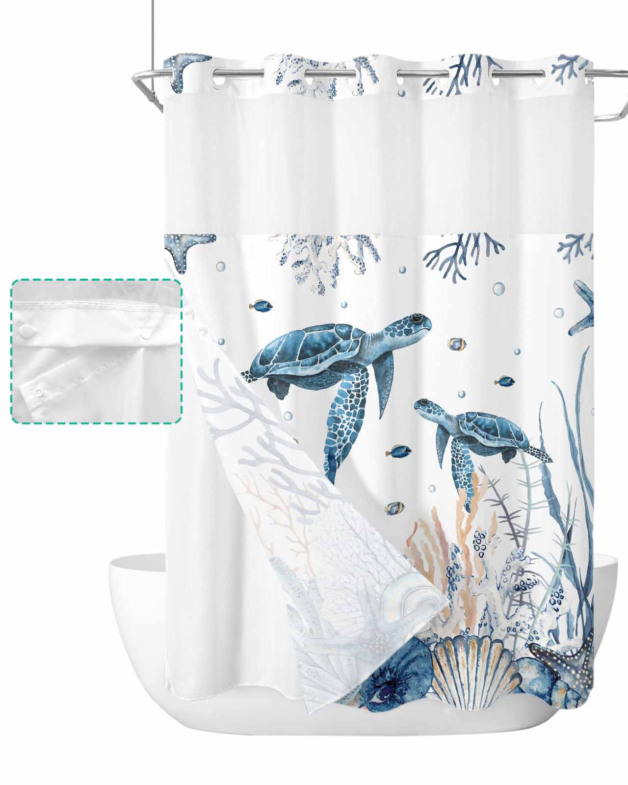 No Hook Shower Curtain with Snap in Liner, Summer Sea Turtle Ocean ...