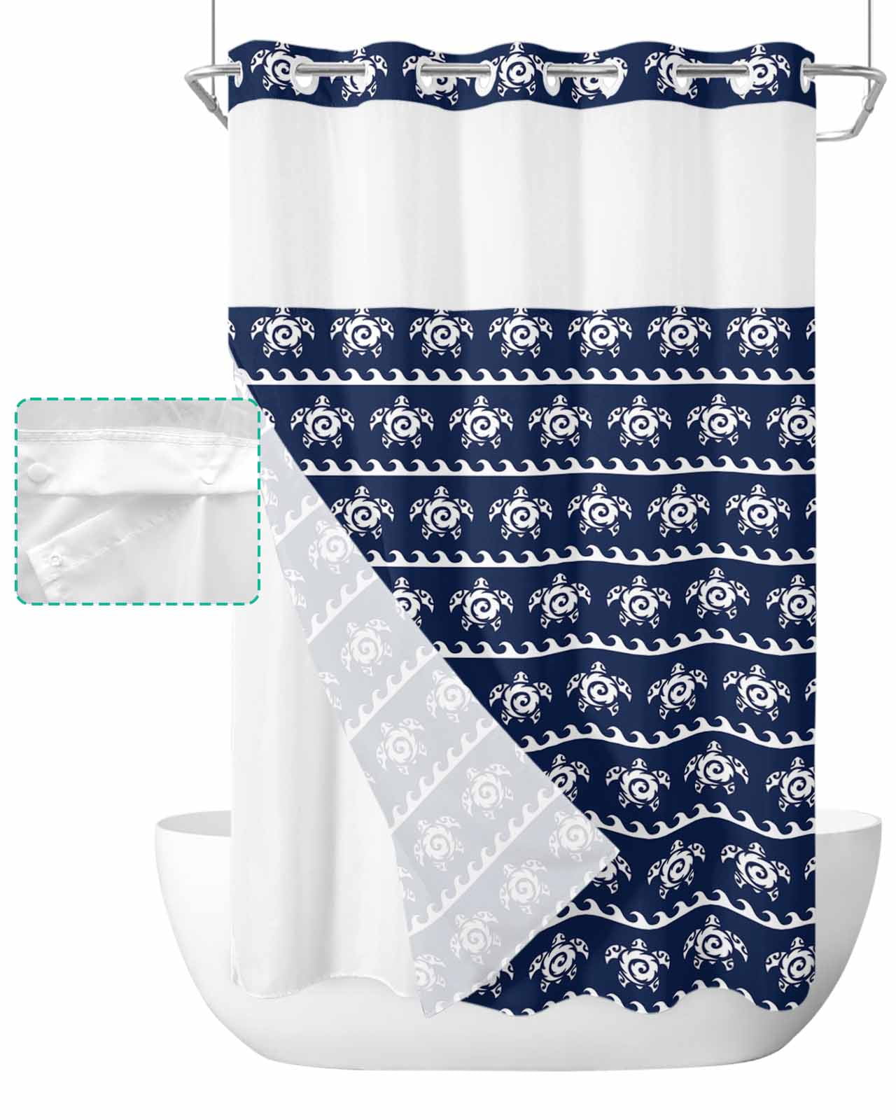 No Hook Shower Curtain with Snap in Liner, Summer White Turtle Totem ...
