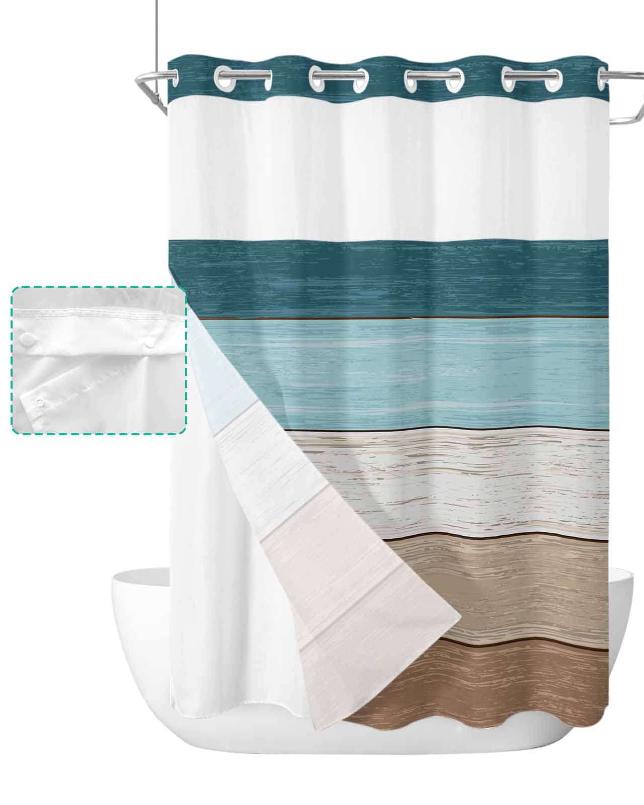 No Hook Shower Curtain with Snap in Liner Teal Blue Brown Retro Farm Wood Grain Shower Curtain ...