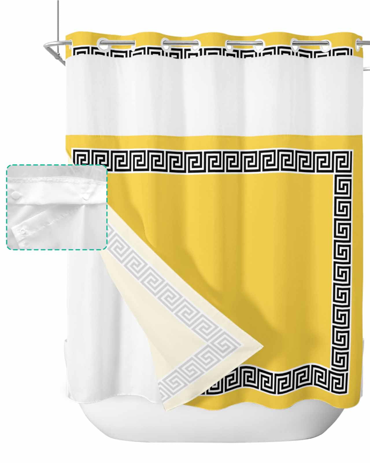 No Hook Shower Curtain with Snap in Liner, Yellow Traditional Greek Key ...