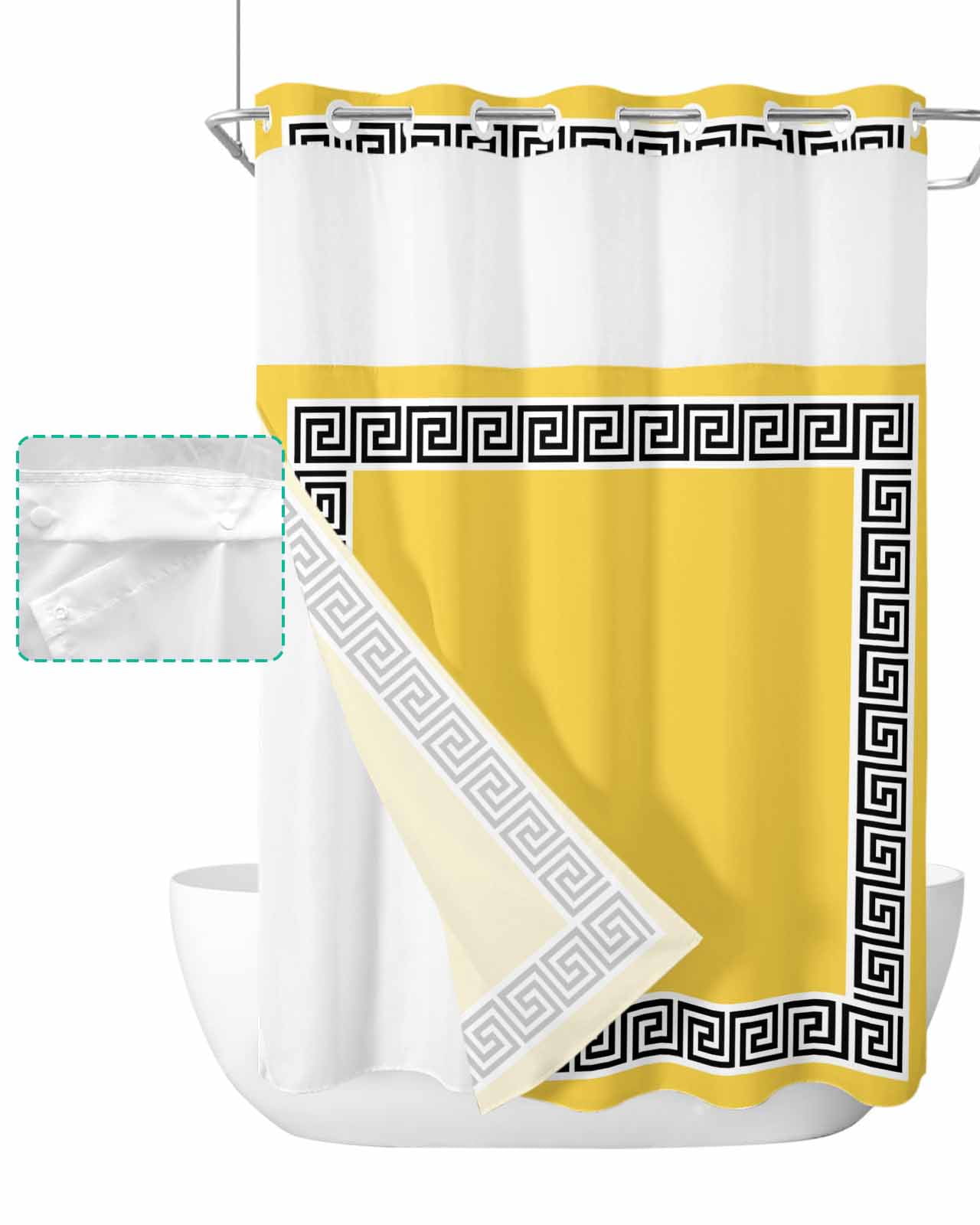 No Hook Shower Curtain with Snap in Liner, Yellow Traditional Greek Key ...