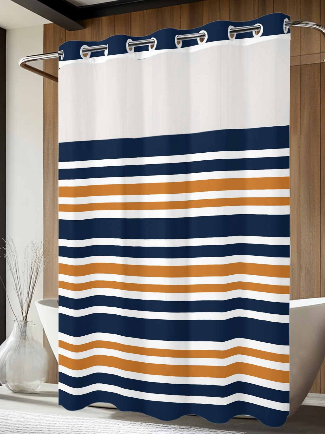 No Hook Shower Curtain with Snap in Liner, Orange Navy Blue Stripe Line ...