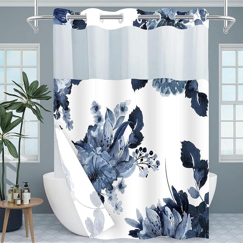 No Hook Shower Curtain with Snap in Liner Set, Blue Floral and White ...