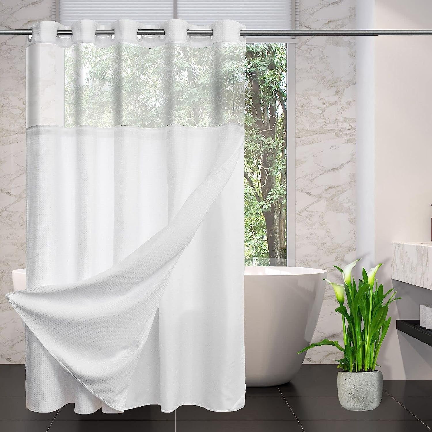 No Hooks Required Long Waffle Weave Shower Curtain with Snap in Liner ...