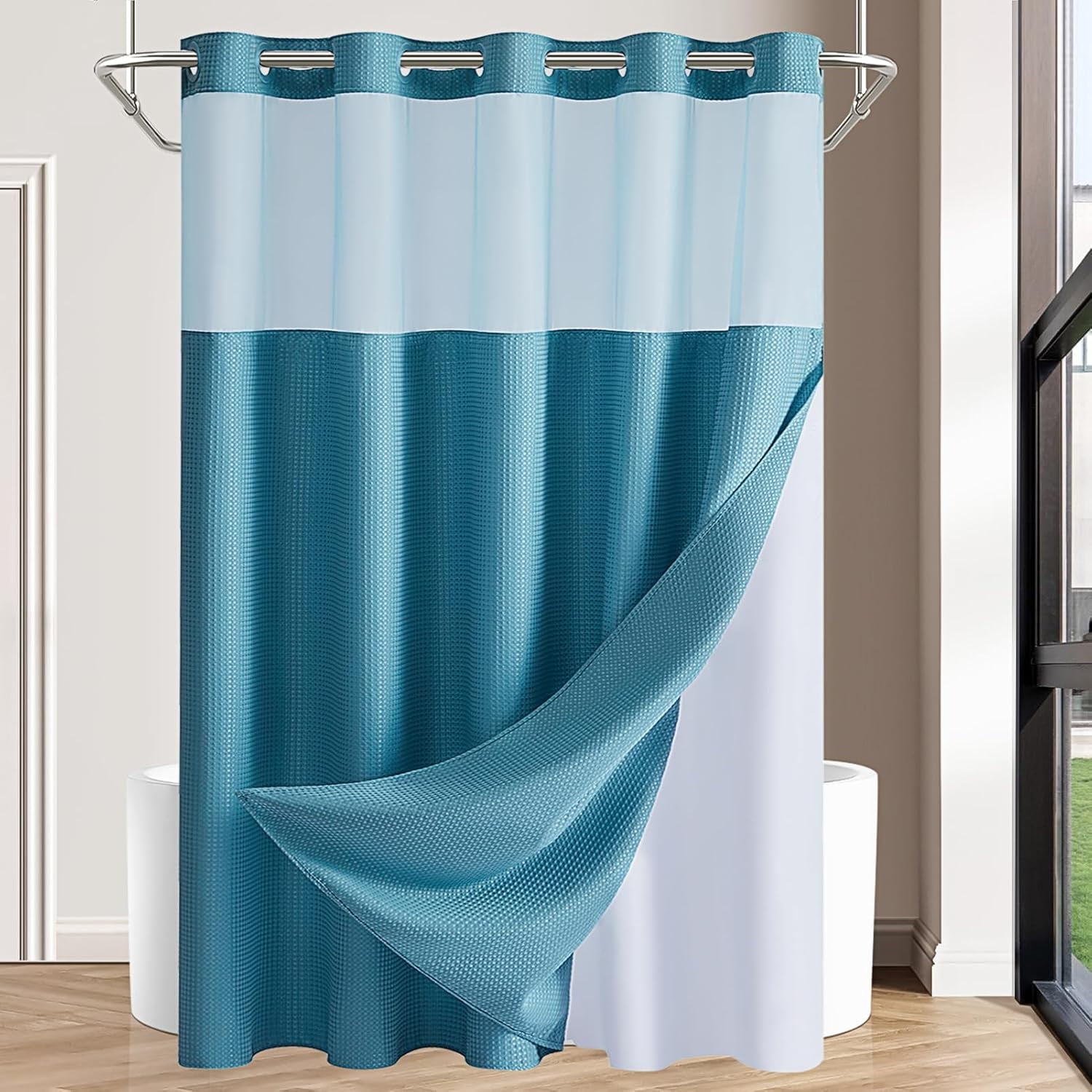 No Hooks Shower Curtain with Snap-in Fabric Liner Set 71x84 Long with See-Through Mesh Top ...