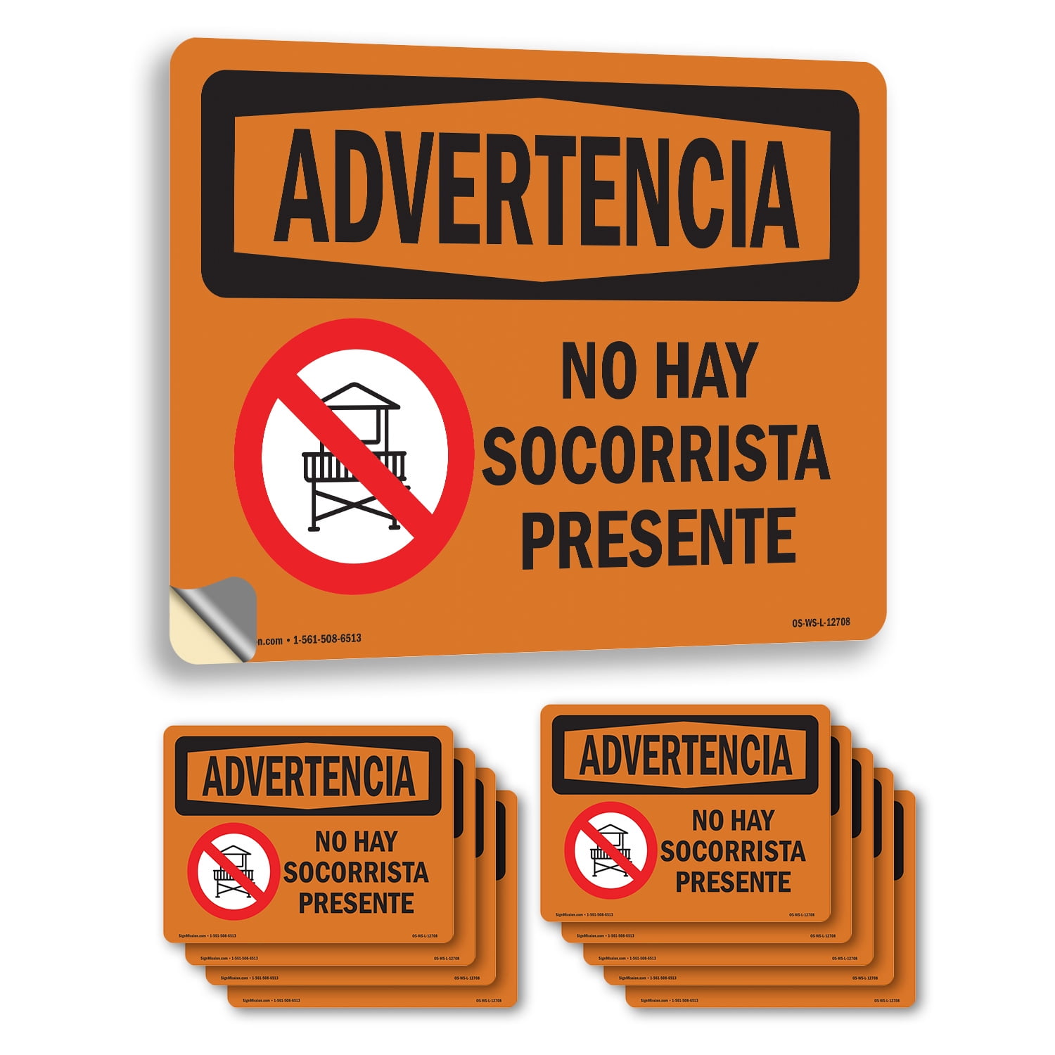 No Lifeguard On Duty Spanish OSHA WARNING Vinyl Decal Label 24 Inch x ...