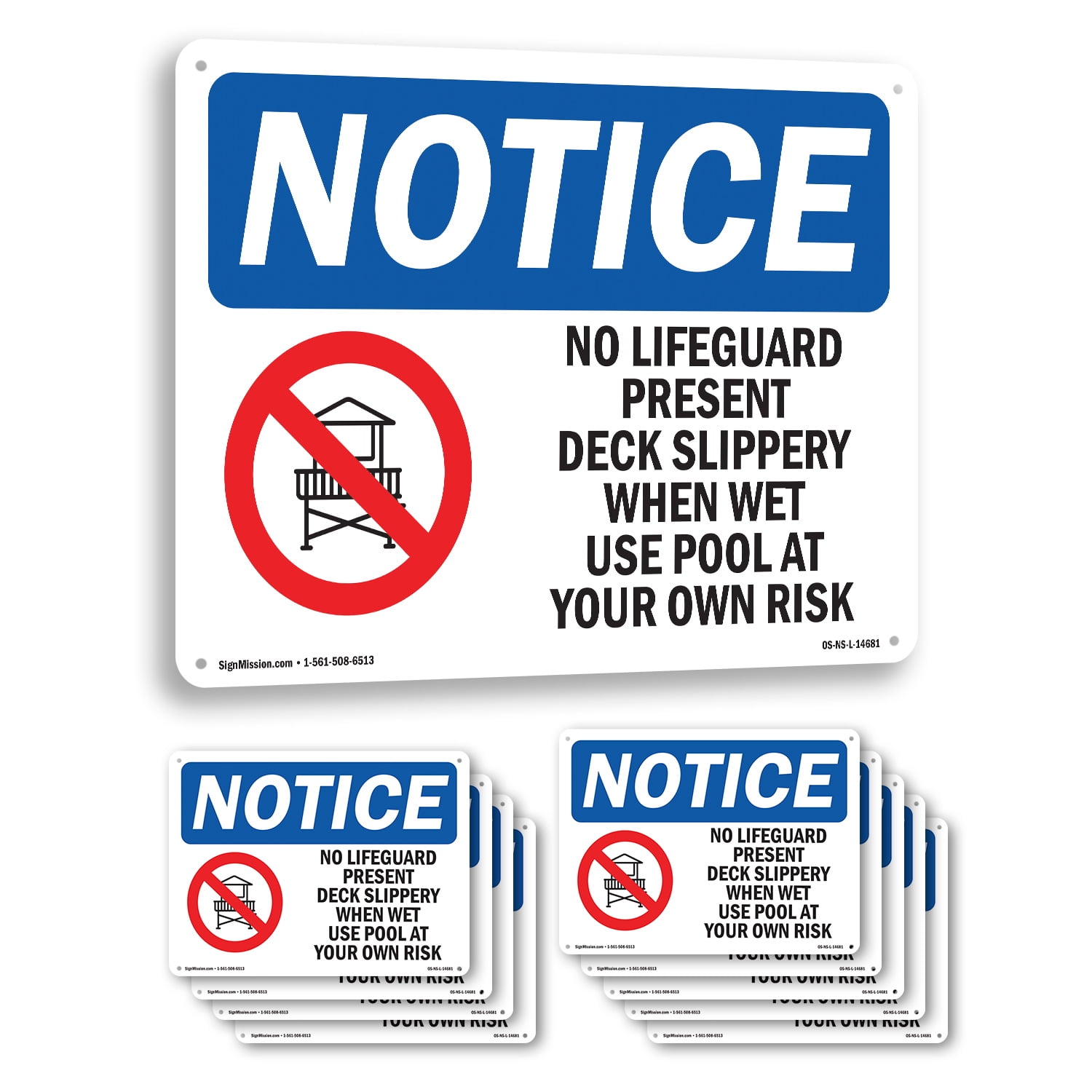 No Lifeguard Present Deck Slippery OSHA Notice Rigid Plastic Sign 10 ...