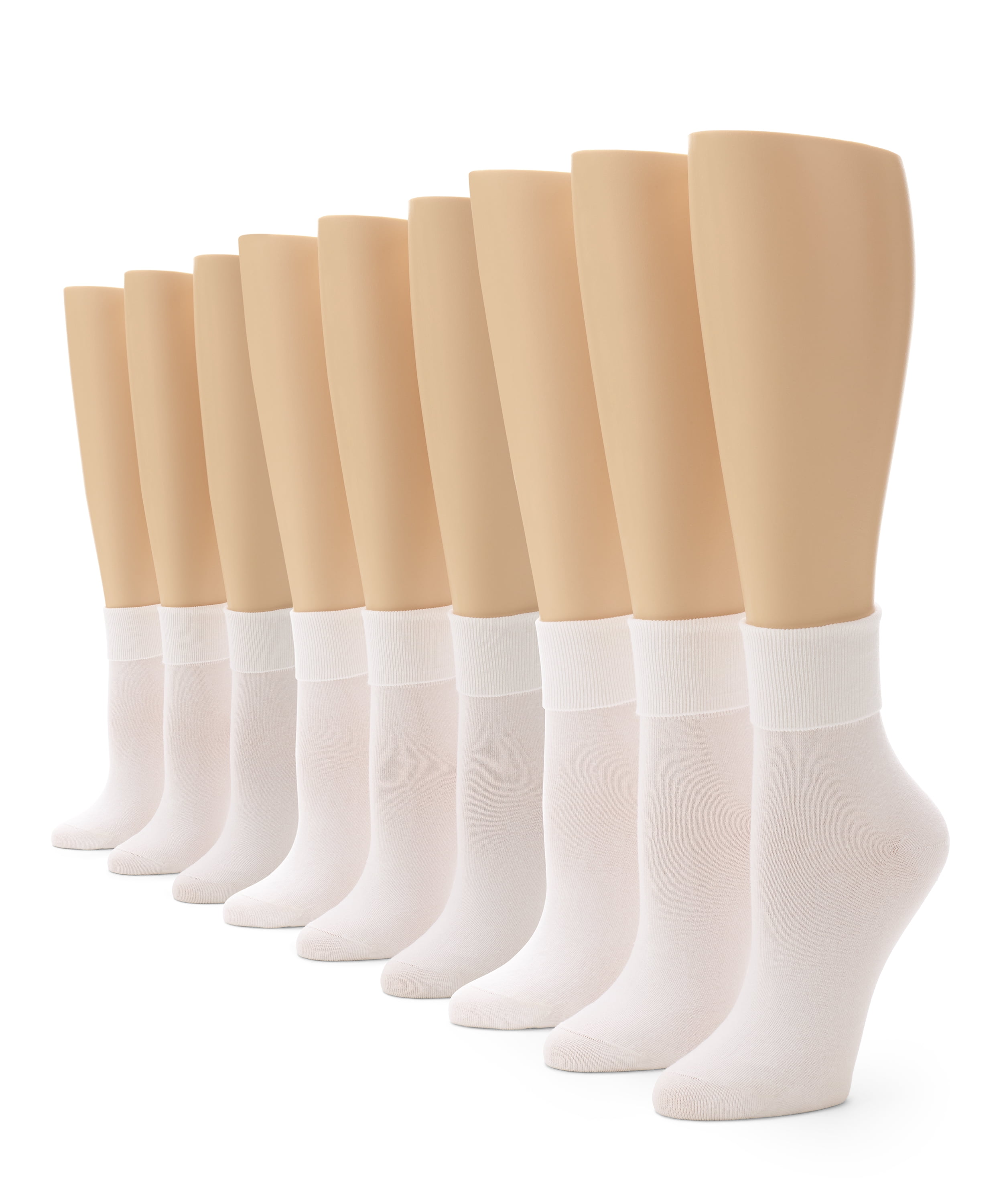 No Nonsense Women's Cotton Basic Top Crew Cuff Socks, White - 9 Pair ...