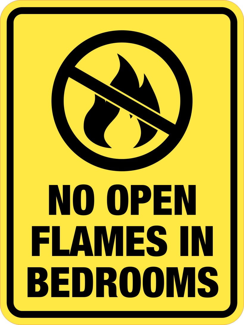No Open Flames in Bedrooms Wall or Door Sign Home Safety Sign SIZE: 12 ...