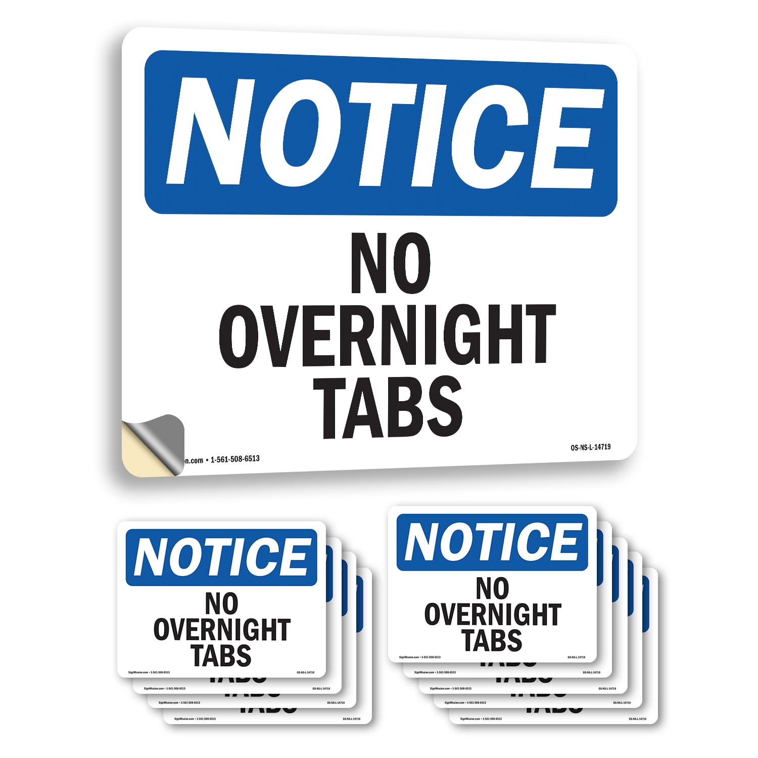 No Overnight Tabs OSHA Notice Vinyl Decal Label 7 Inch x 5 Inch - 10 ...