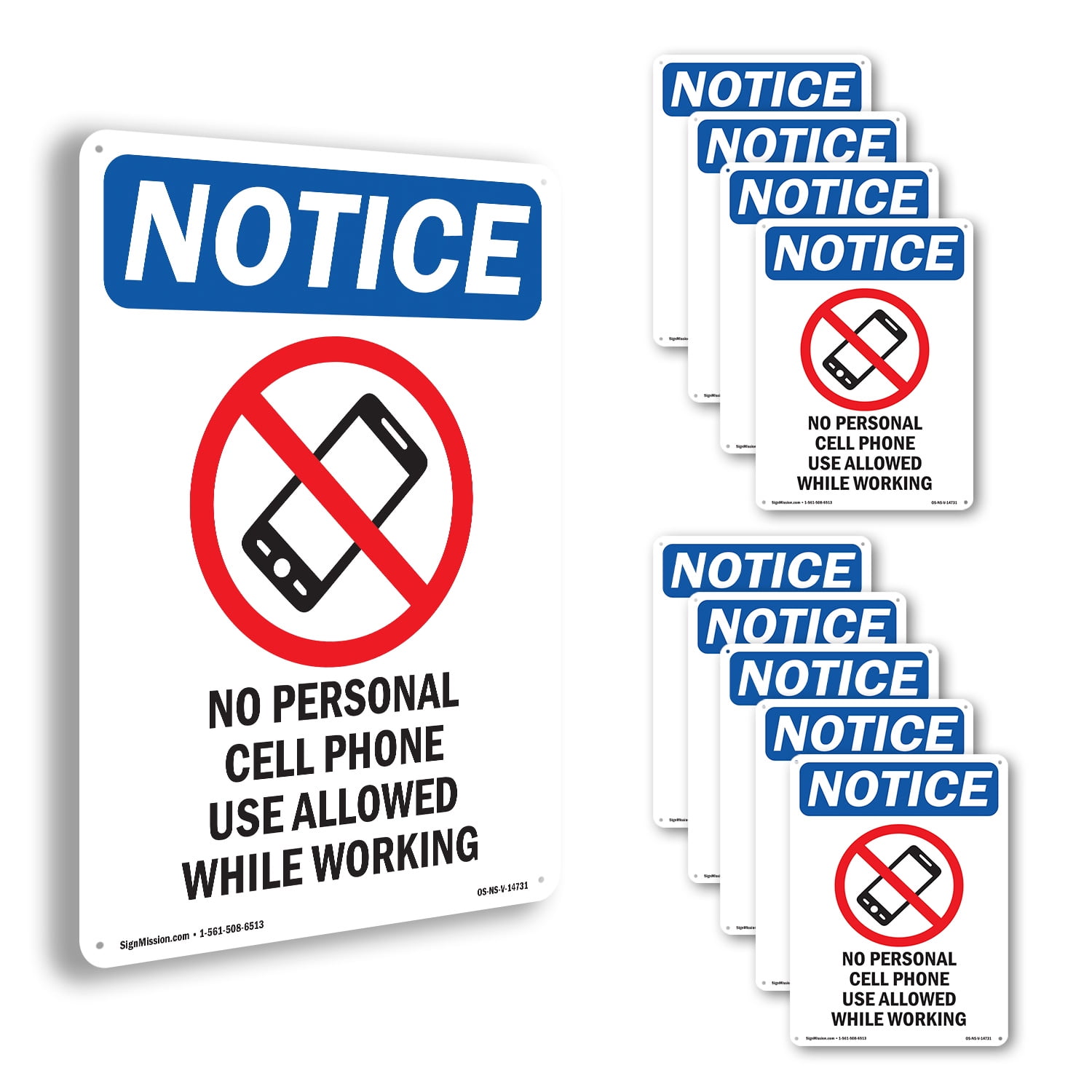 No Personal Cell Phone OSHA Notice Rigid Plastic Sign 18 Inch x 12 Inch ...