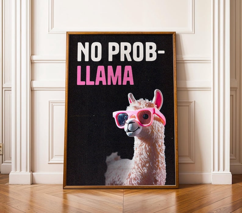 No Prob Llama Funny Wall Art | Retro Typography Print | Pink Llama ...