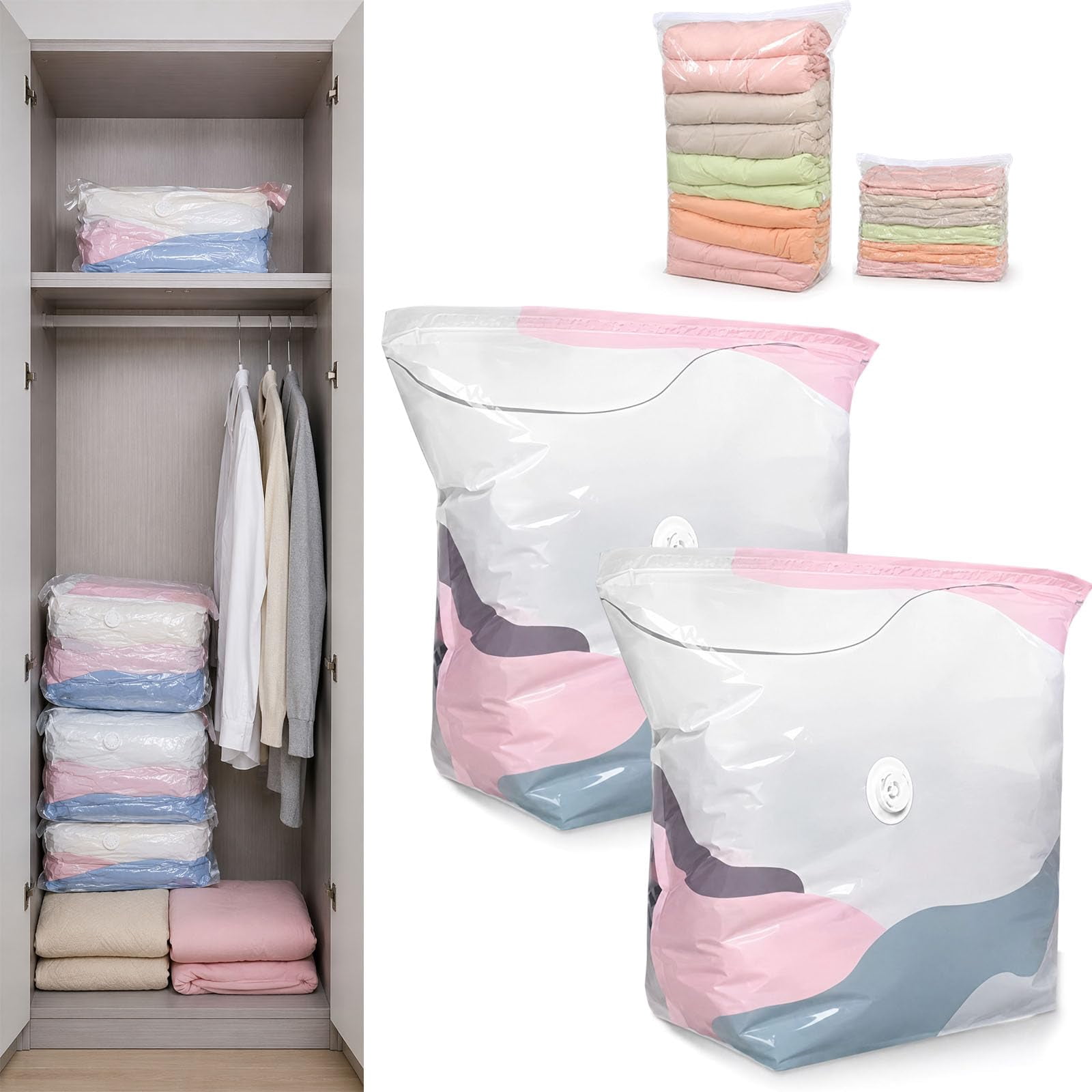 No-Pump Vacuum Storage Bags, Reusable Press and Seal Space Saver Bags ...