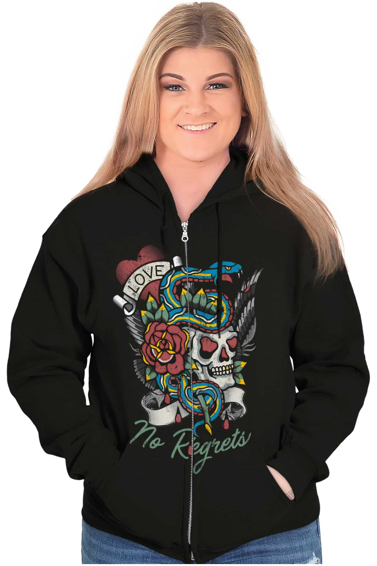 No Regrets Skull Snake Rose Tattoo Zip Up Hoodie Men's Women's Brisco ...
