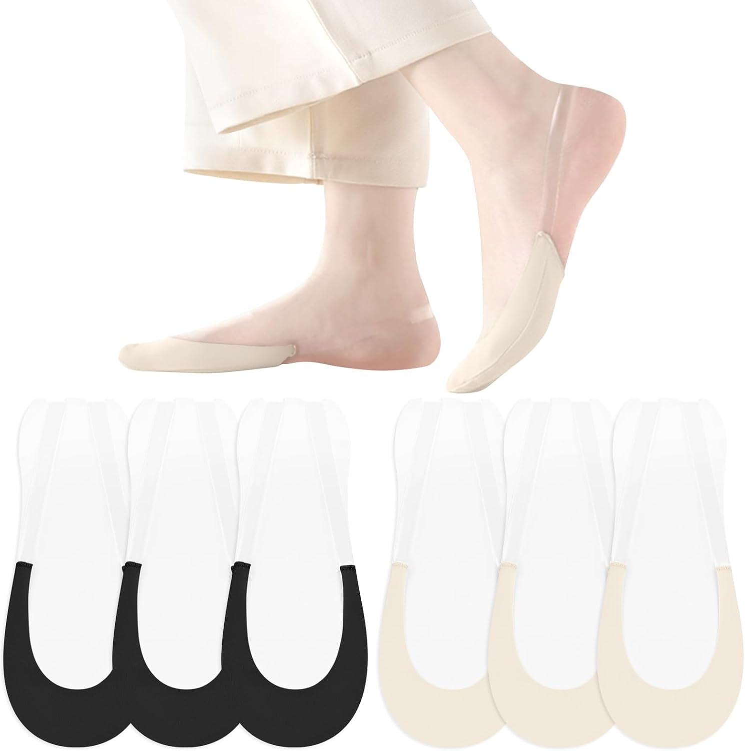 No Show Socks with Invisible Sling Back Womens, 6 Pairs Low Cut Half ...