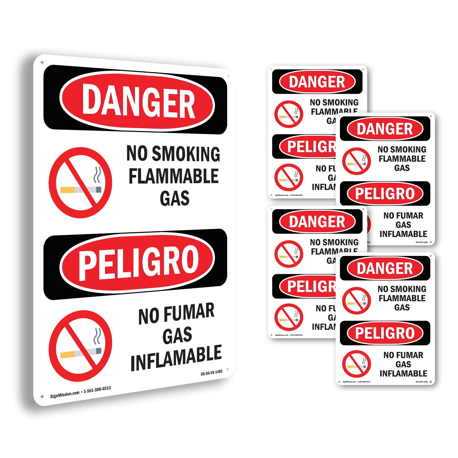 No Smoking Flammable Gas Bilingual OSHA Danger Rigid Plastic Sign 10 ...