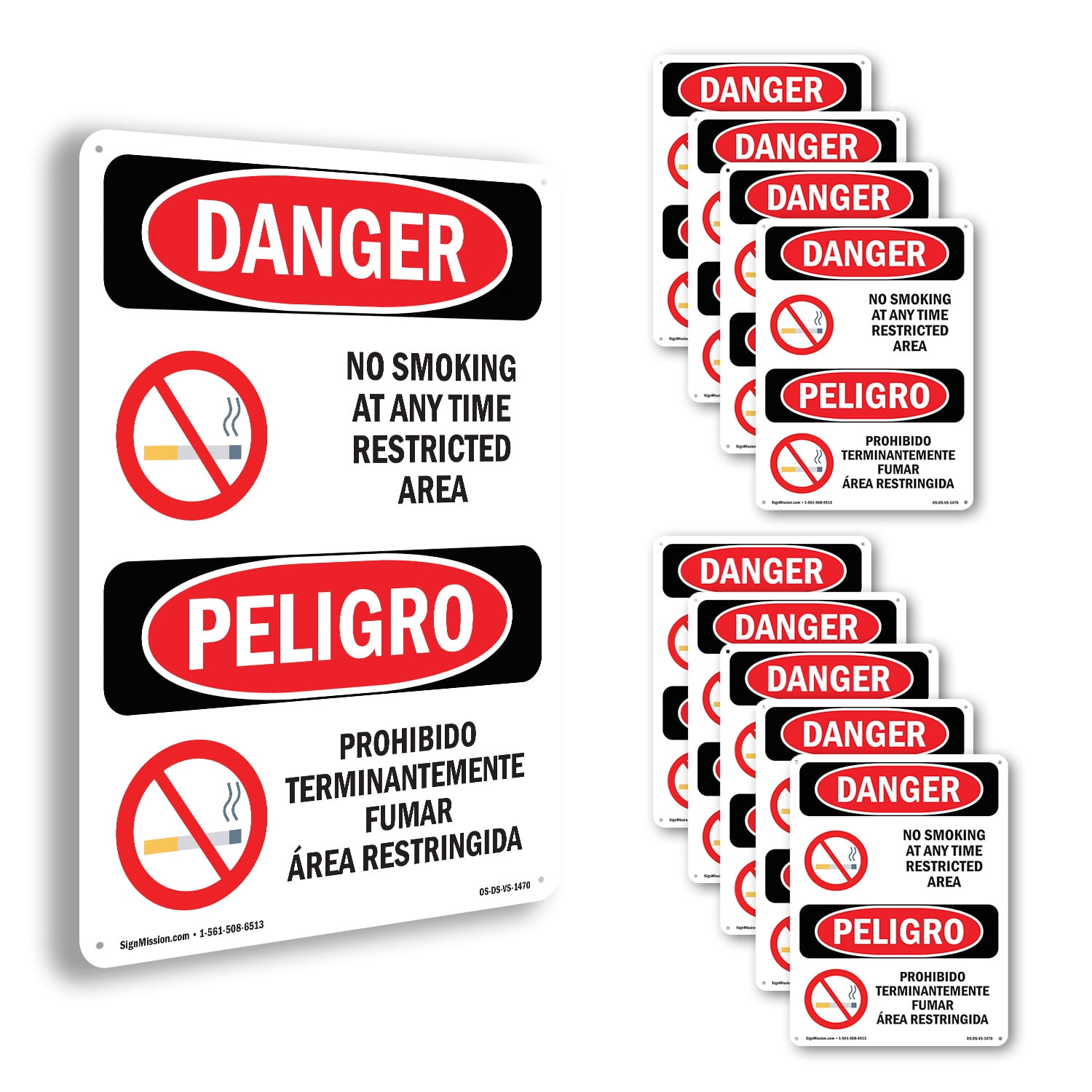 No Smoking Restricted Area Bilingual OSHA Danger Aluminum Sign 10 Inch ...
