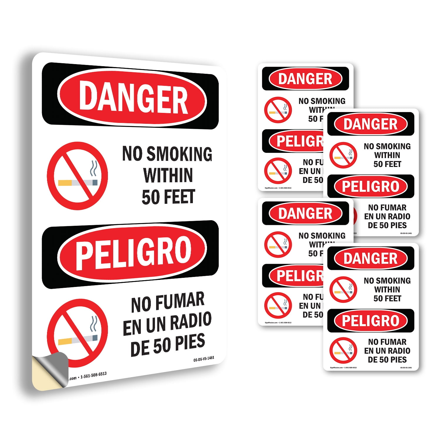 No Smoking Within 50 Feet Bilingual OSHA Danger Vinyl Decal Label 18 ...