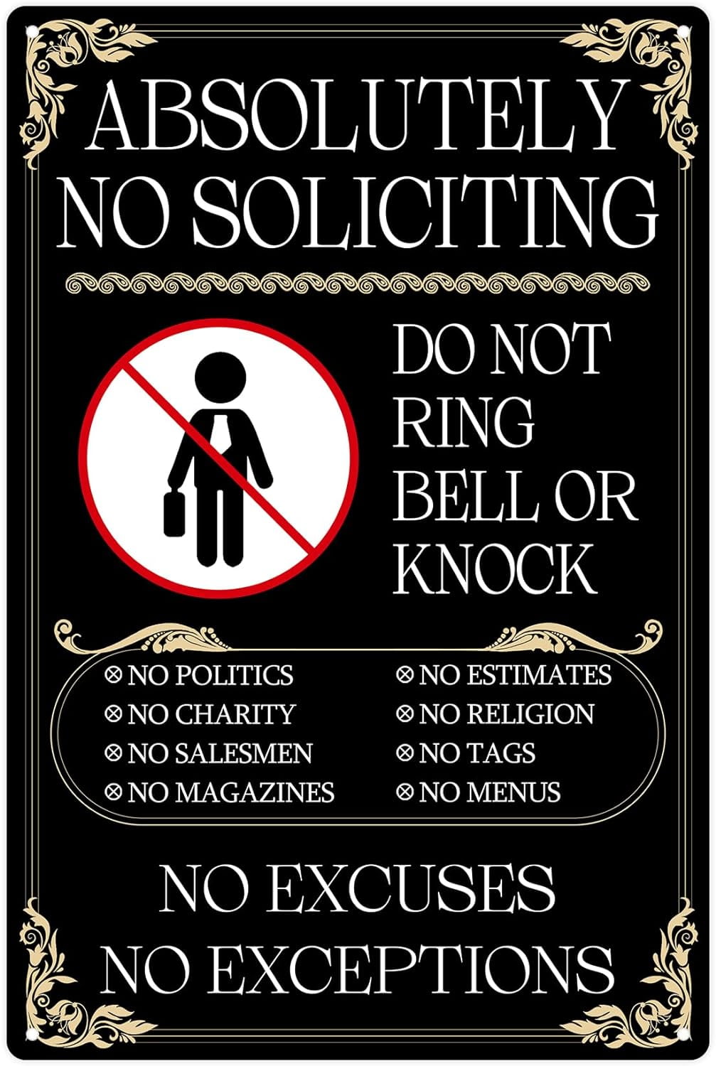 No Soliciting Sign 8"x12", Absolutely No Soliciting, Do Not Ring Bell ...