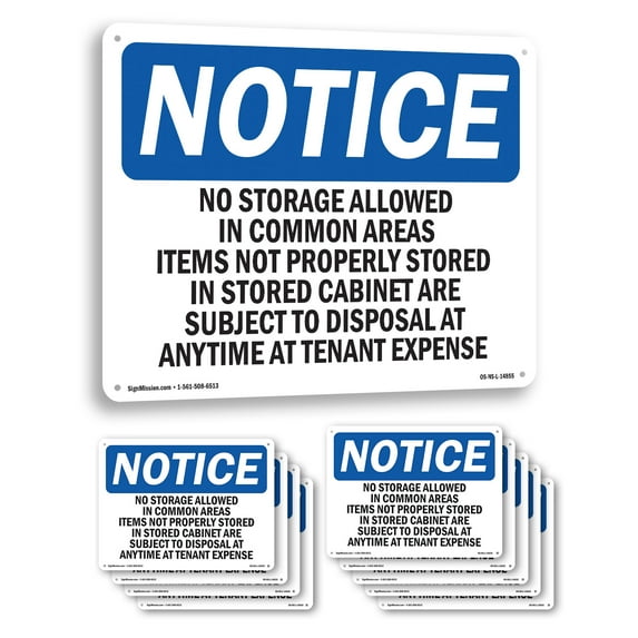 No Storage Allowed In Common Areas Items OSHA Notice Rigid Plastic Sign ...