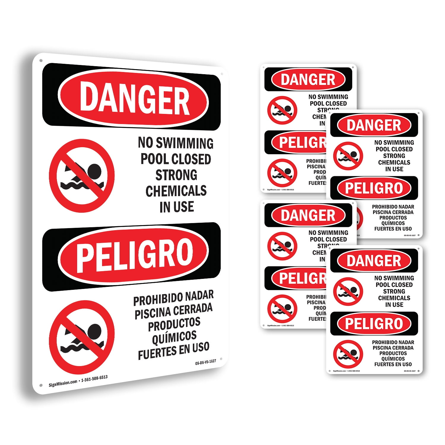 No Swimming Pool Closed Chemicals Bilingual OSHA Danger Aluminum Sign ...