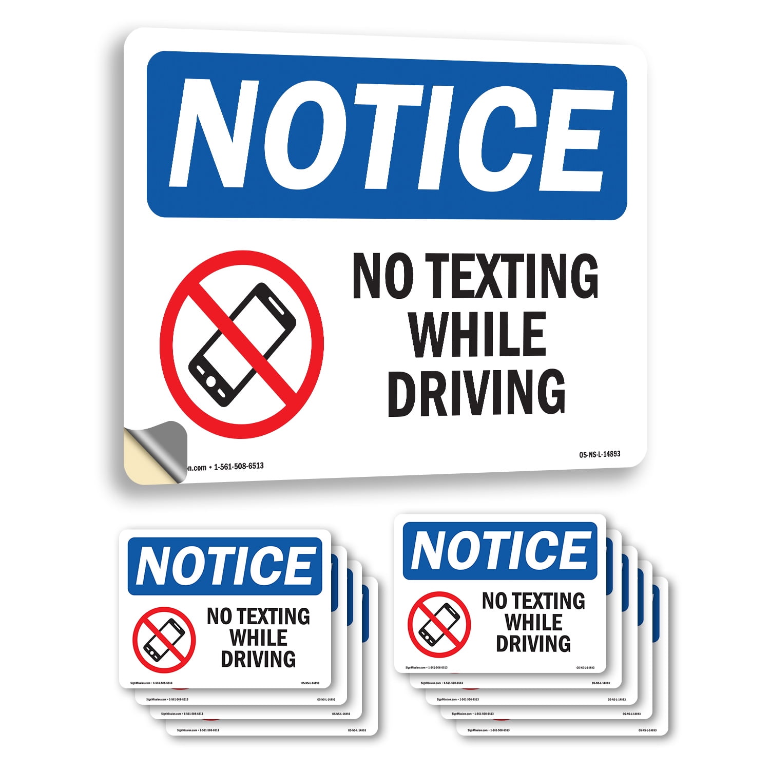 No Texting While Driving With Symbol OSHA Notice Vinyl Decal Label 10 ...