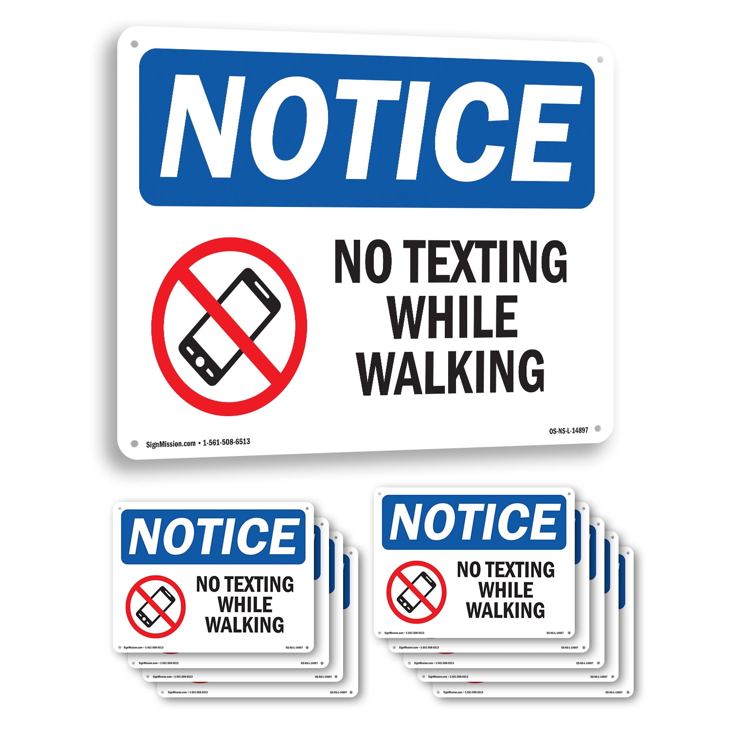 No Texting While Walking OSHA Notice Rigid Plastic Sign 24 Inch x 18 ...
