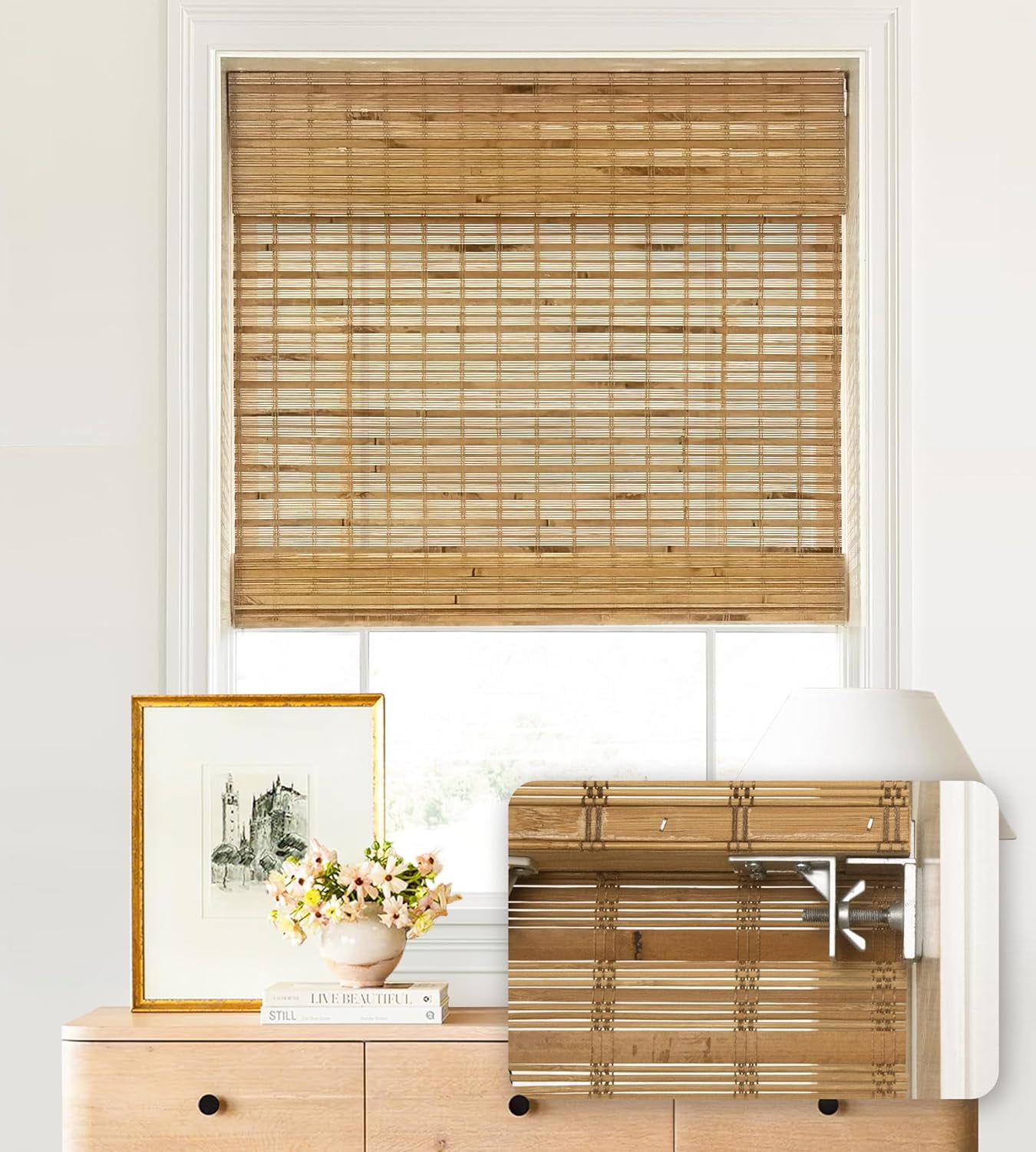 No Tools No Drill Cordless Bamboo Roman Shades, Light Filtering Window ...