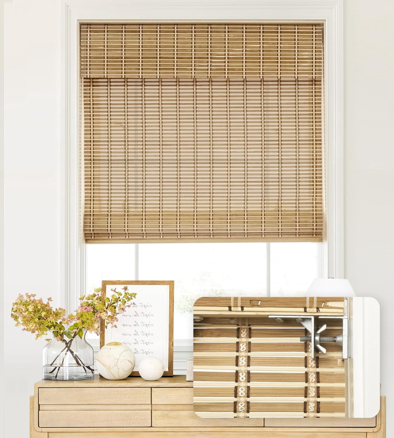 No Tools No Drill Cordless Bamboo Roman Shades, Light Filtering Window ...
