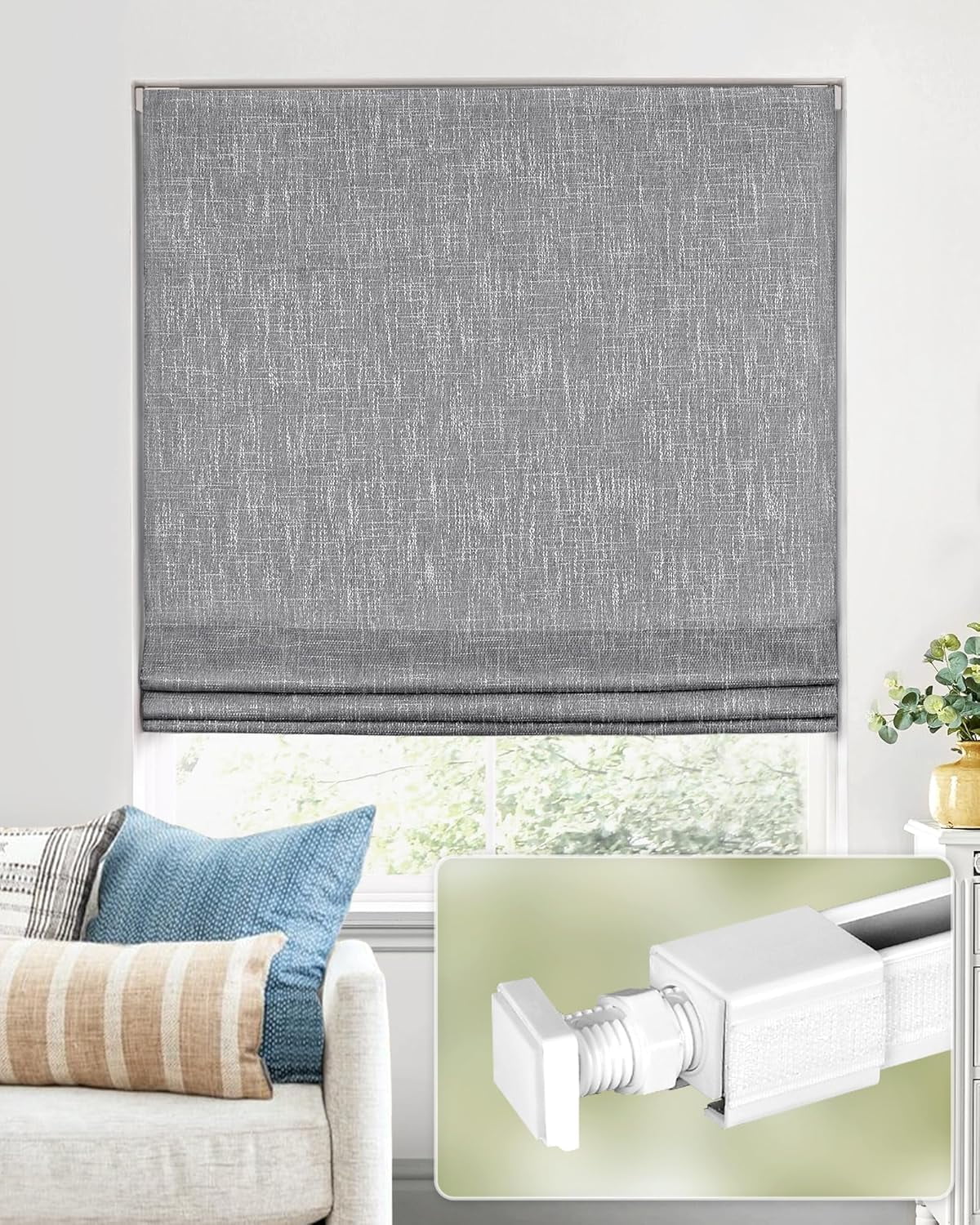 No Tools No Drill Cordless Roman Shades, 100% Blackout, Charcoal, for ...