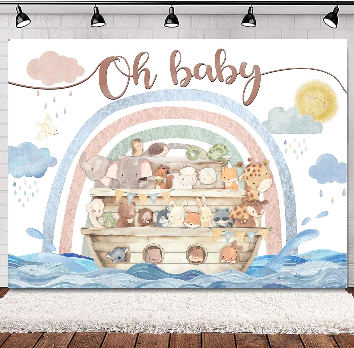Noah's Ark Baby Shower Backdrop Cute Cartoon Rainbow Kids Clouds Ocean ...