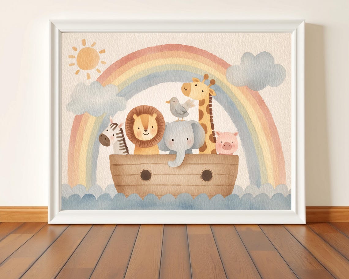 Noah's Ark Nursery Poster Animals, Christian Decor Poster, Stretched ...