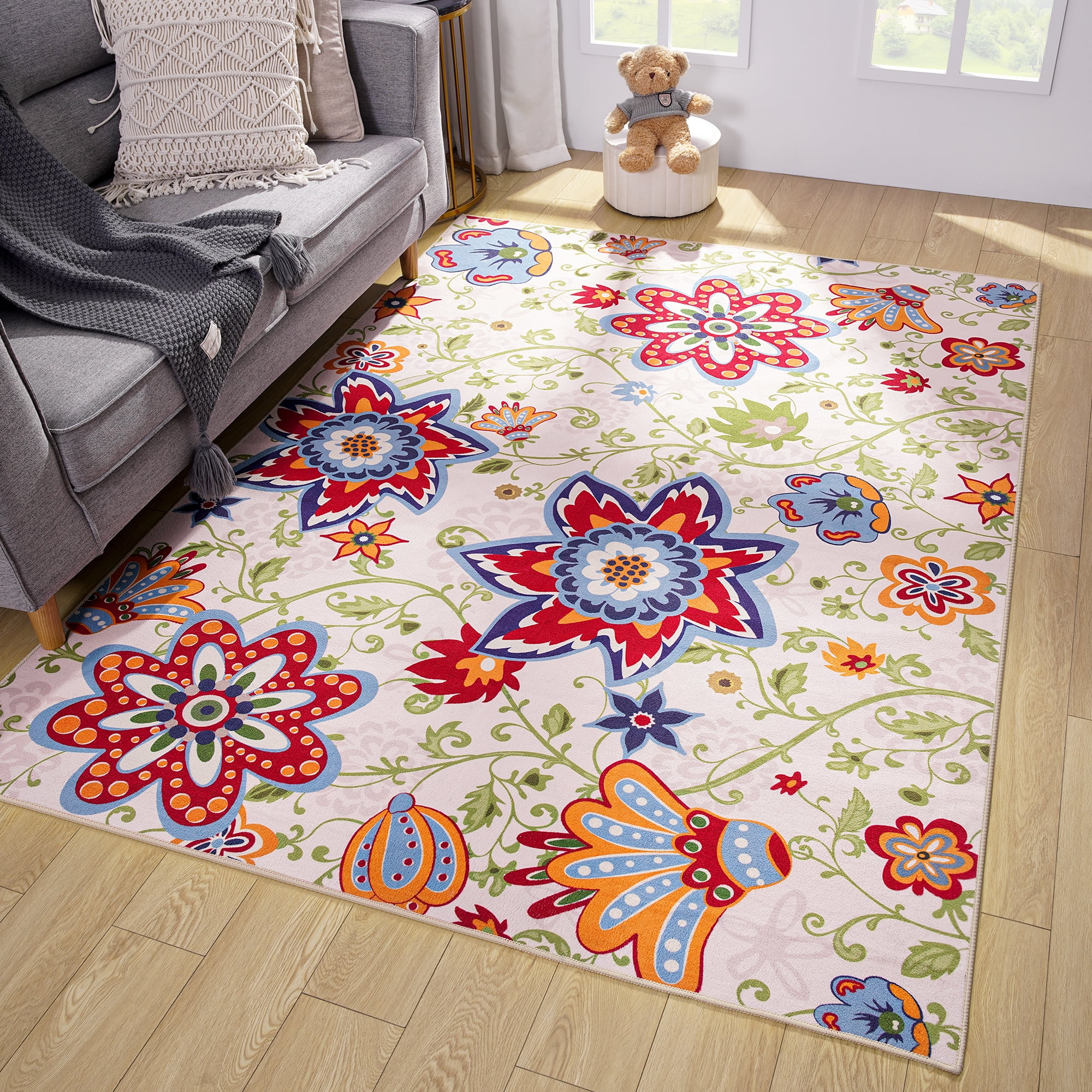 Noahas Floral Patterned Washable Living Room Area Rug - 4x6 Non-Slip ...
